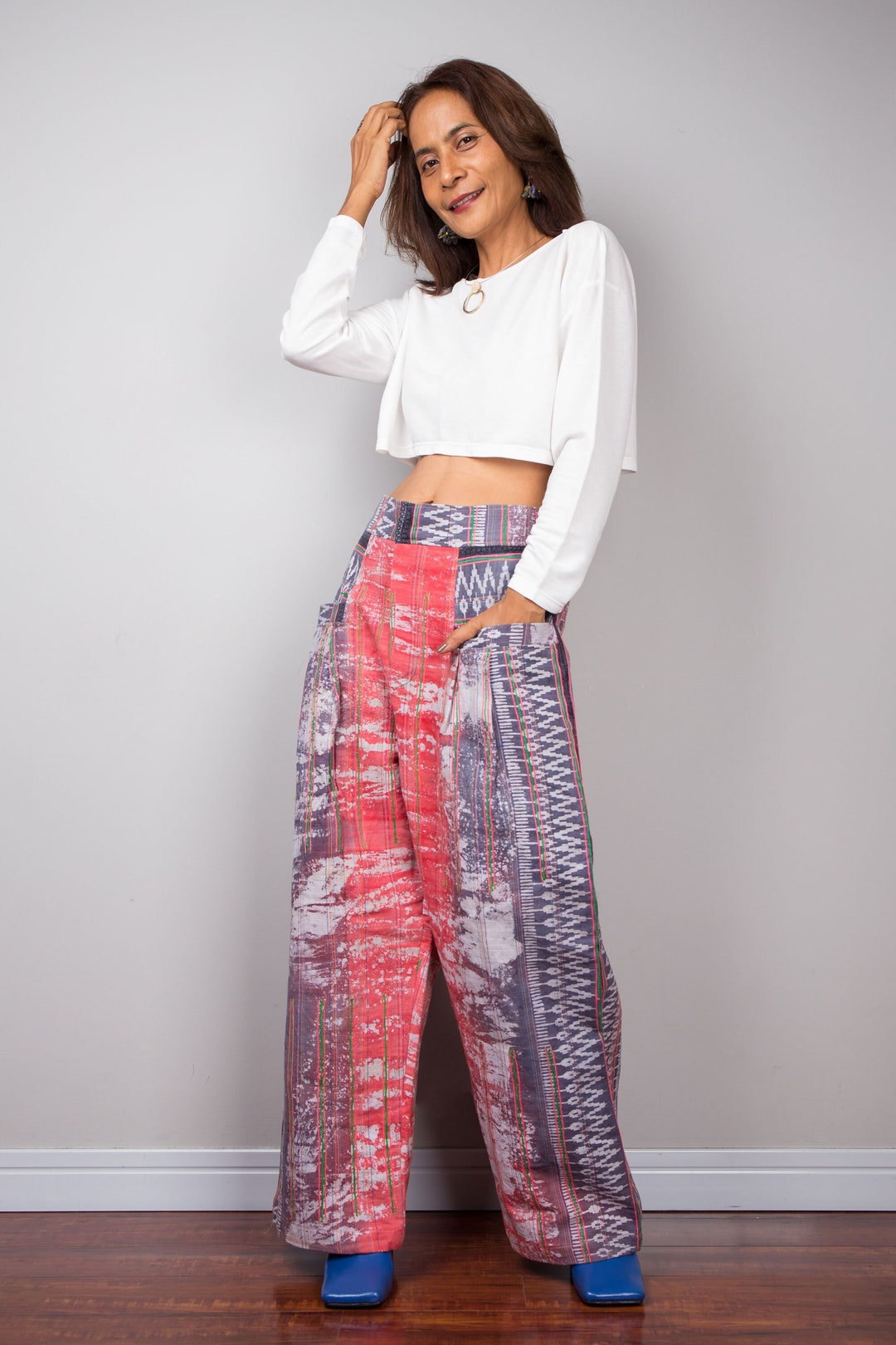 Tie Dye Hemp Pants, Loose Fit Salmon Pink Pants Made From Hill Tribe ...