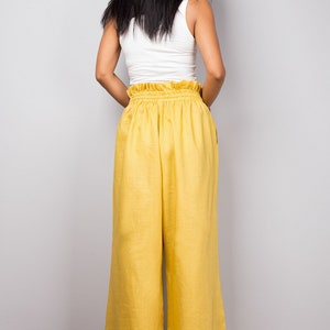 Yellow Linen Trousers, Handmade Long Wide Leg Palazzo Pants With ...
