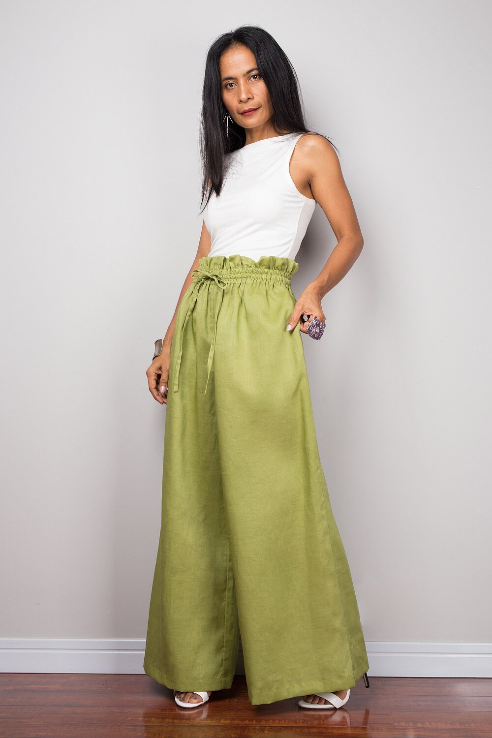 Green Linen Trousers Handmade Long Wide Leg Palazzo Pants Etsy