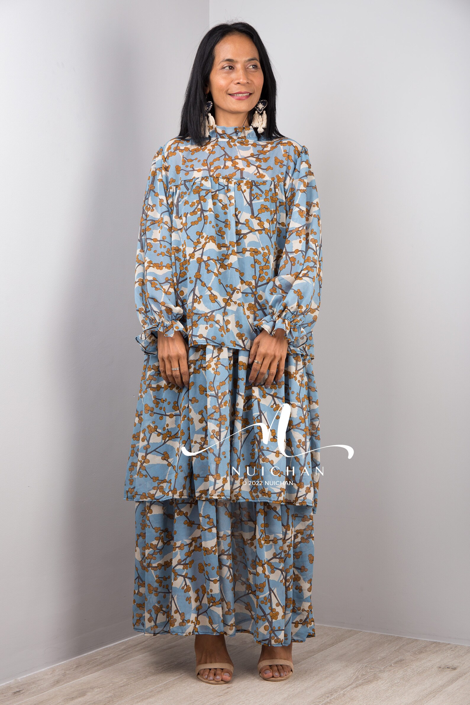 Floral Chiffon Tiered Maxi Dress With Long Sleeves A Modest - Etsy