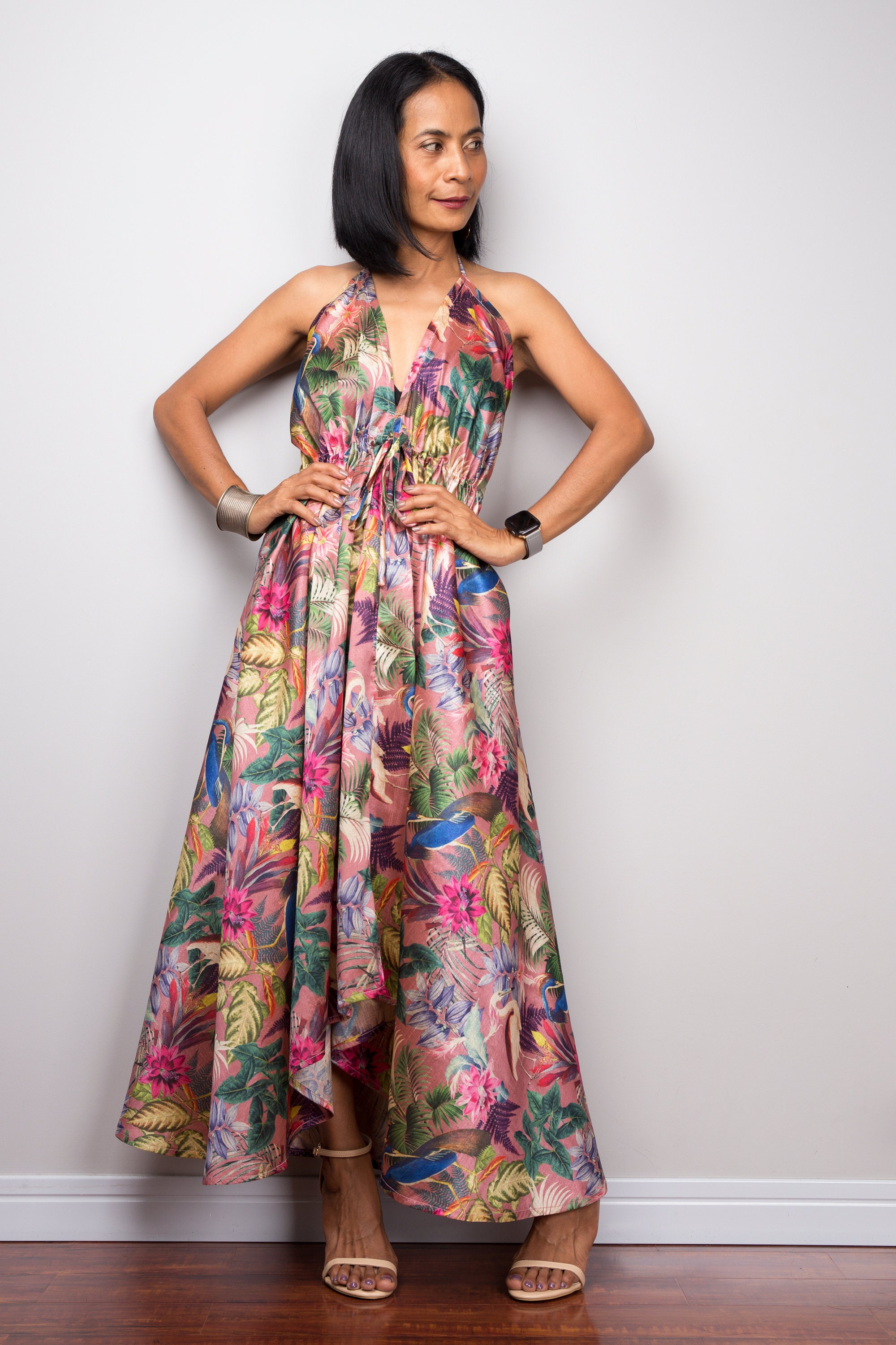 Floral Halter Dress, Sleeveless Boho Party Dress, Open Back Dress ...