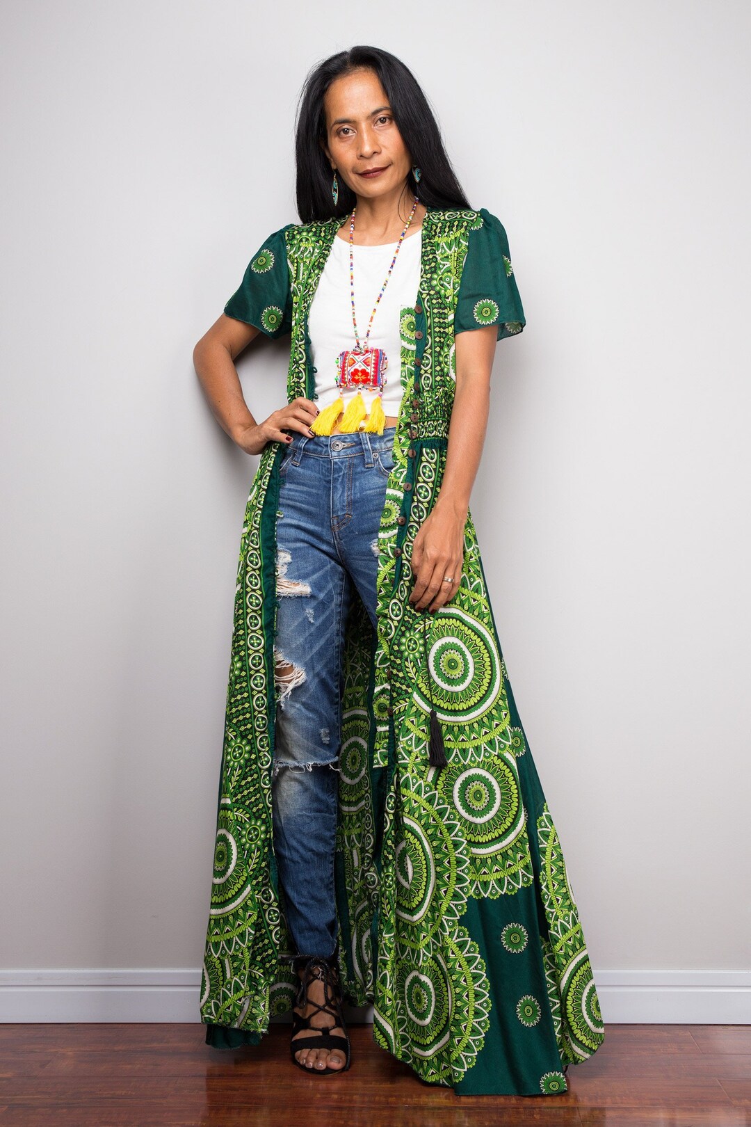 Green Boho Duster Dress | Bohemian Garden Party Dress | Smocked Waist ...