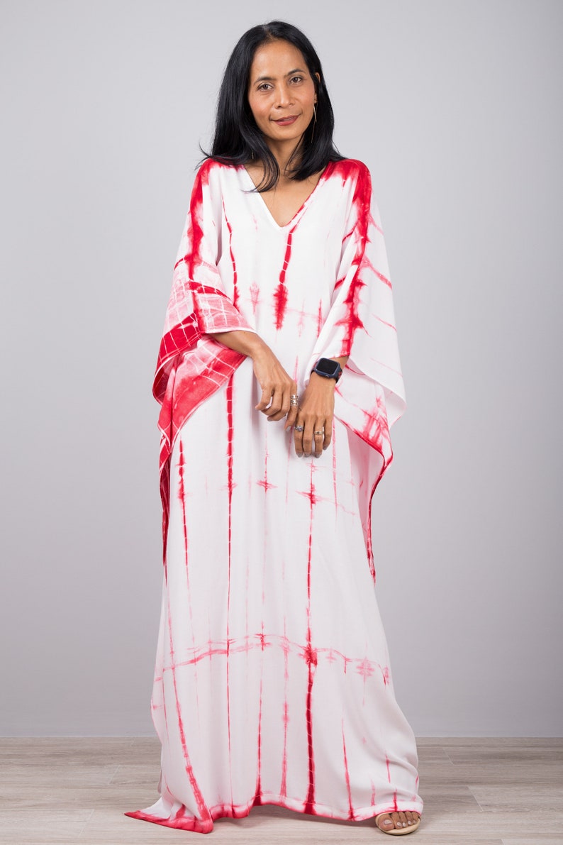 Red Tie Dye Kaftan, Caftan Dress, Red and White Maxi Dress With Pockets ...