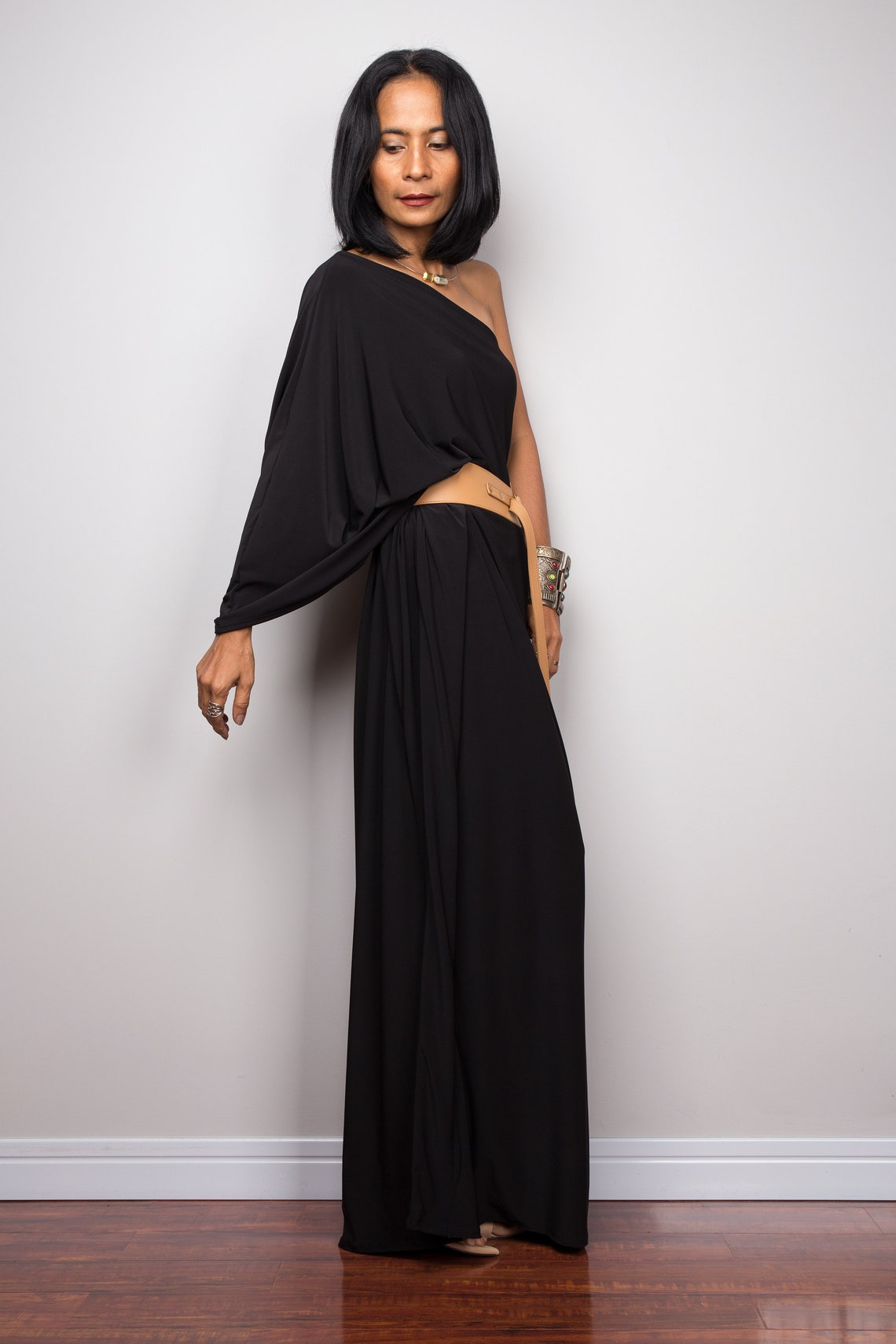 Black One Shoulder Dress Long Black Kaftan Dress off - Etsy