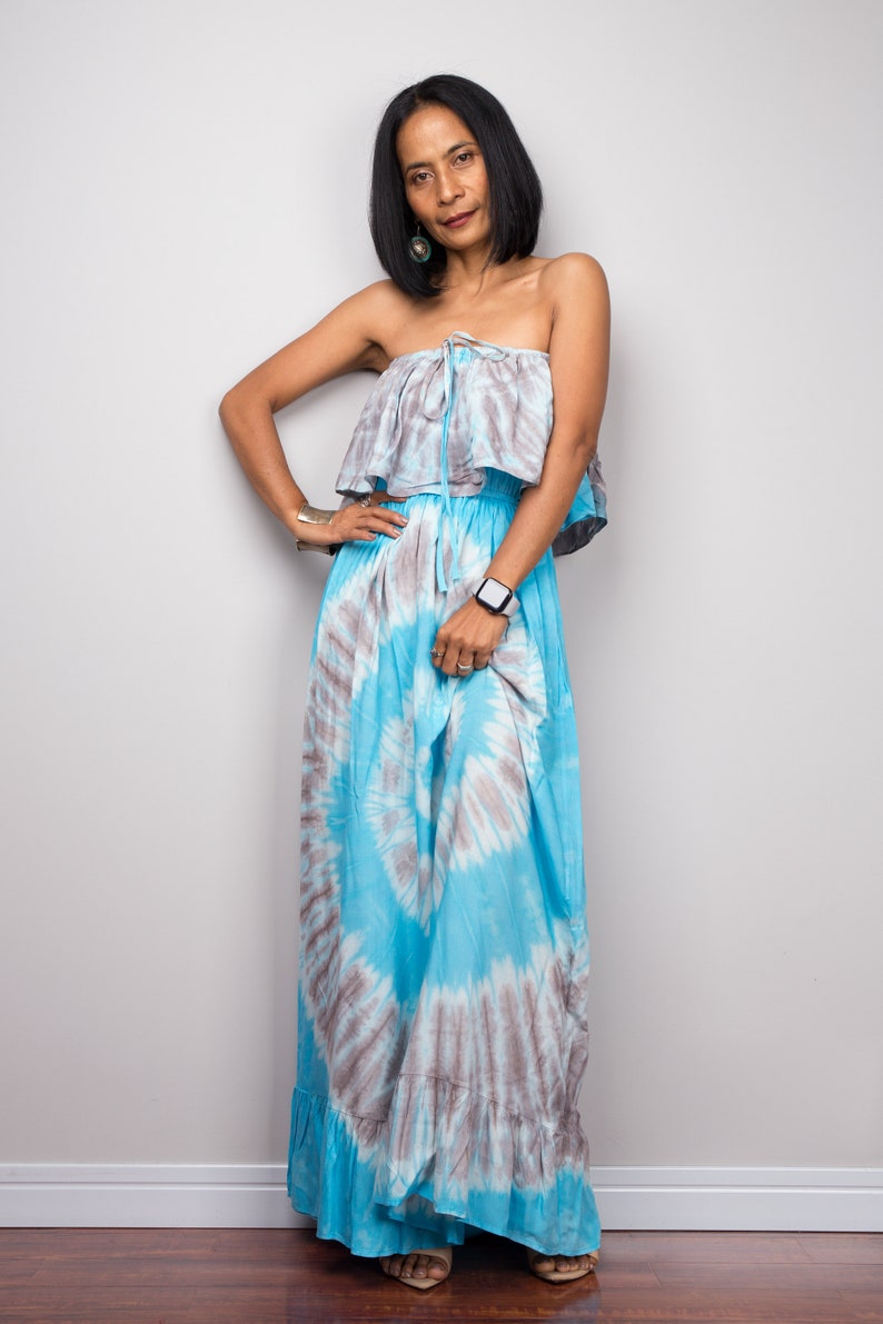 Blue Tie Dye Dress Boho Ruffle Dress off Shoulder Dress - Etsy