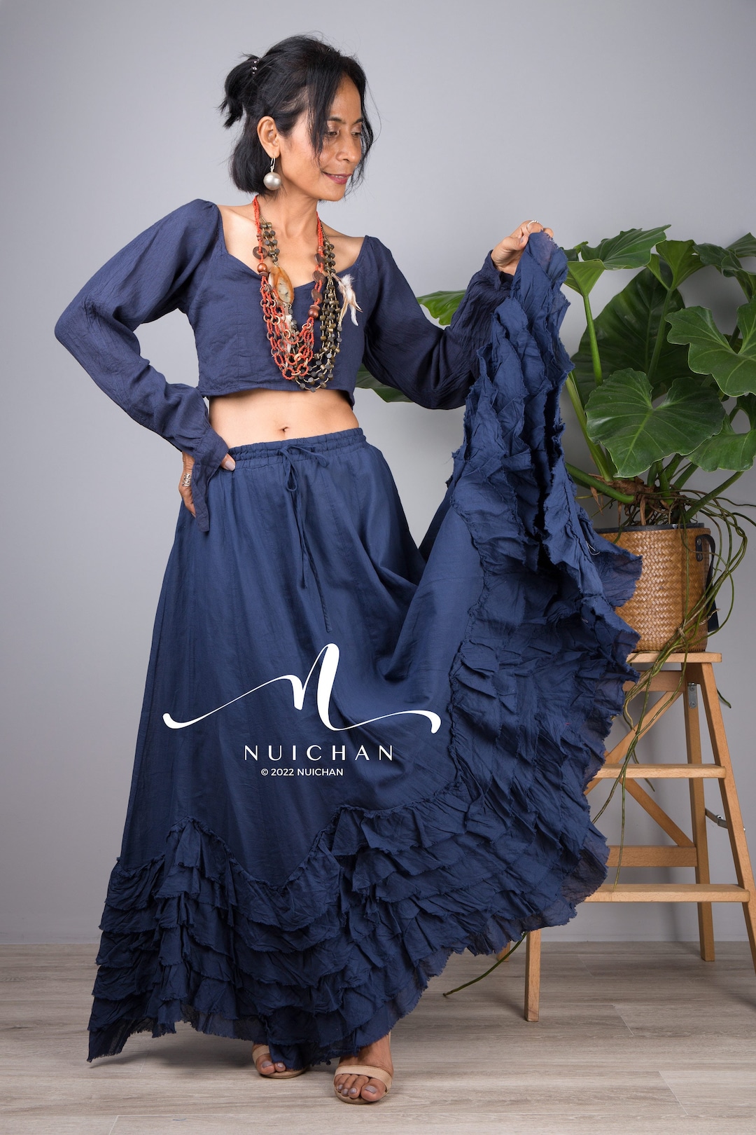 Women Ruffle Boho Blue Maxi Skirt, Summer Cotton Skirt With Elastic ...