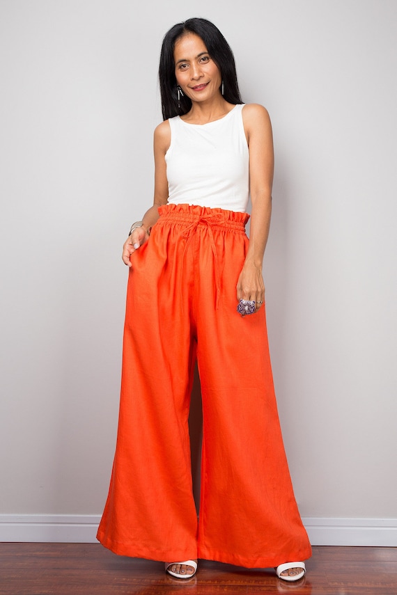 Orange Linen Trousers Handmade Long Wide Leg Palazzo Pants Etsy