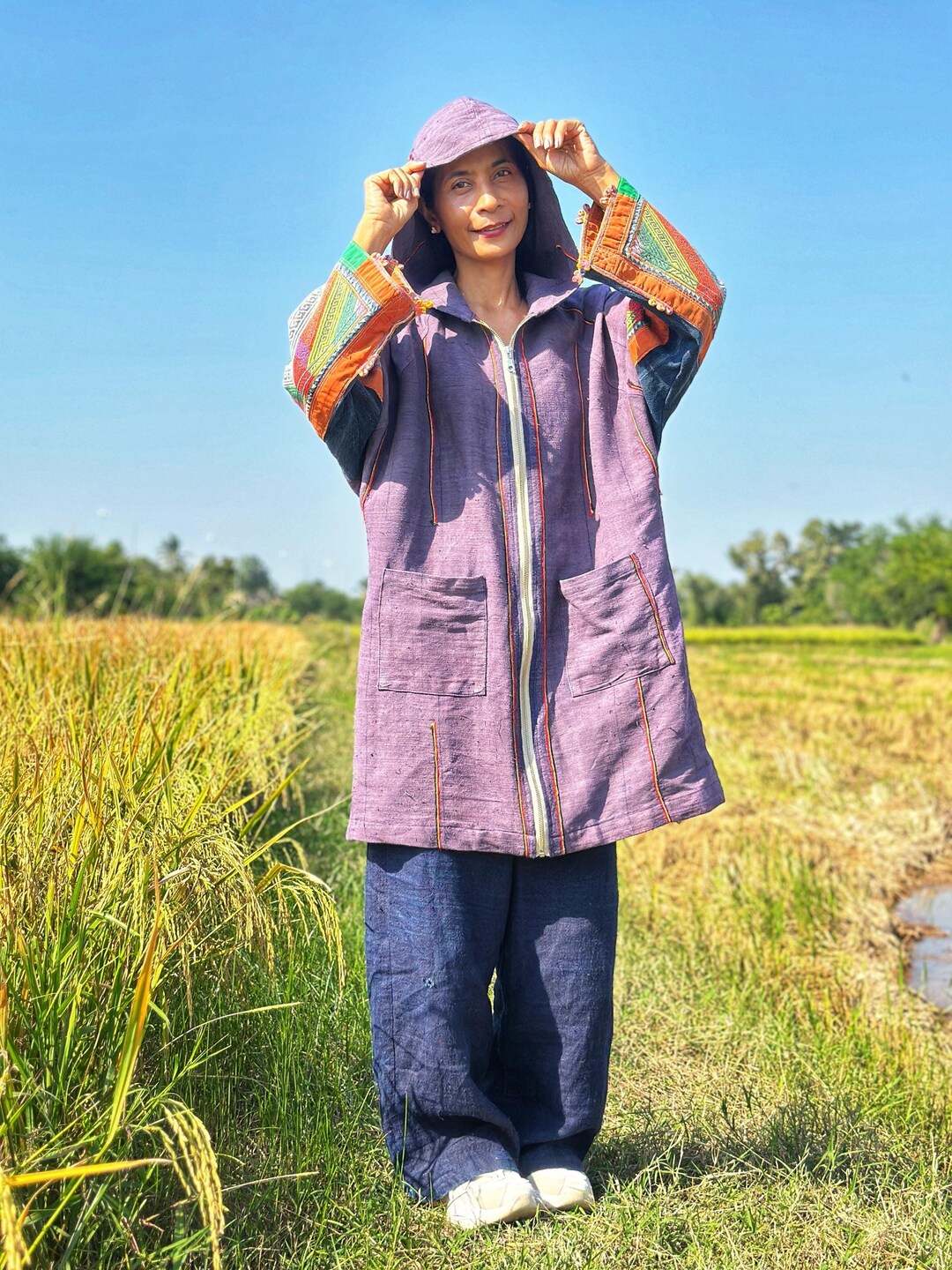 Hooded Coat, Hemp Jacket With Zip Closure, Vintage Hill Tribe Fabric ...