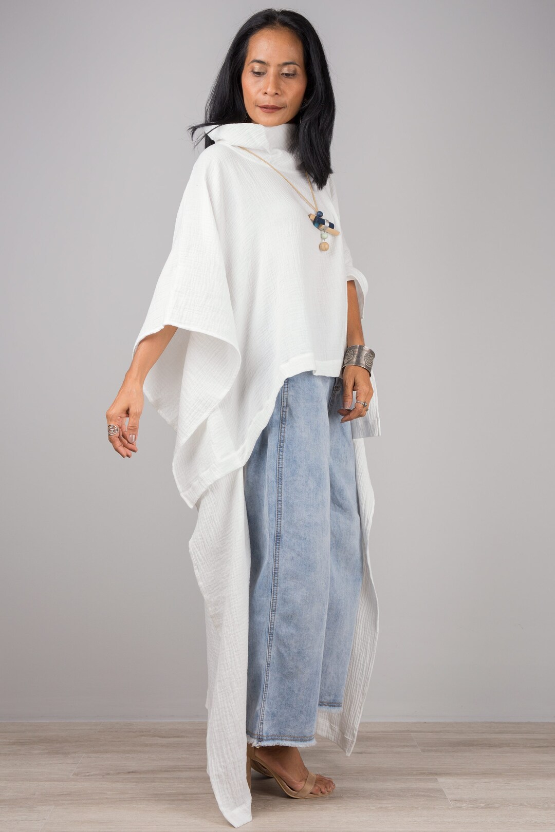 White Cotton Gauze Kaftan Dress, High Low Poncho Tunic - Etsy
