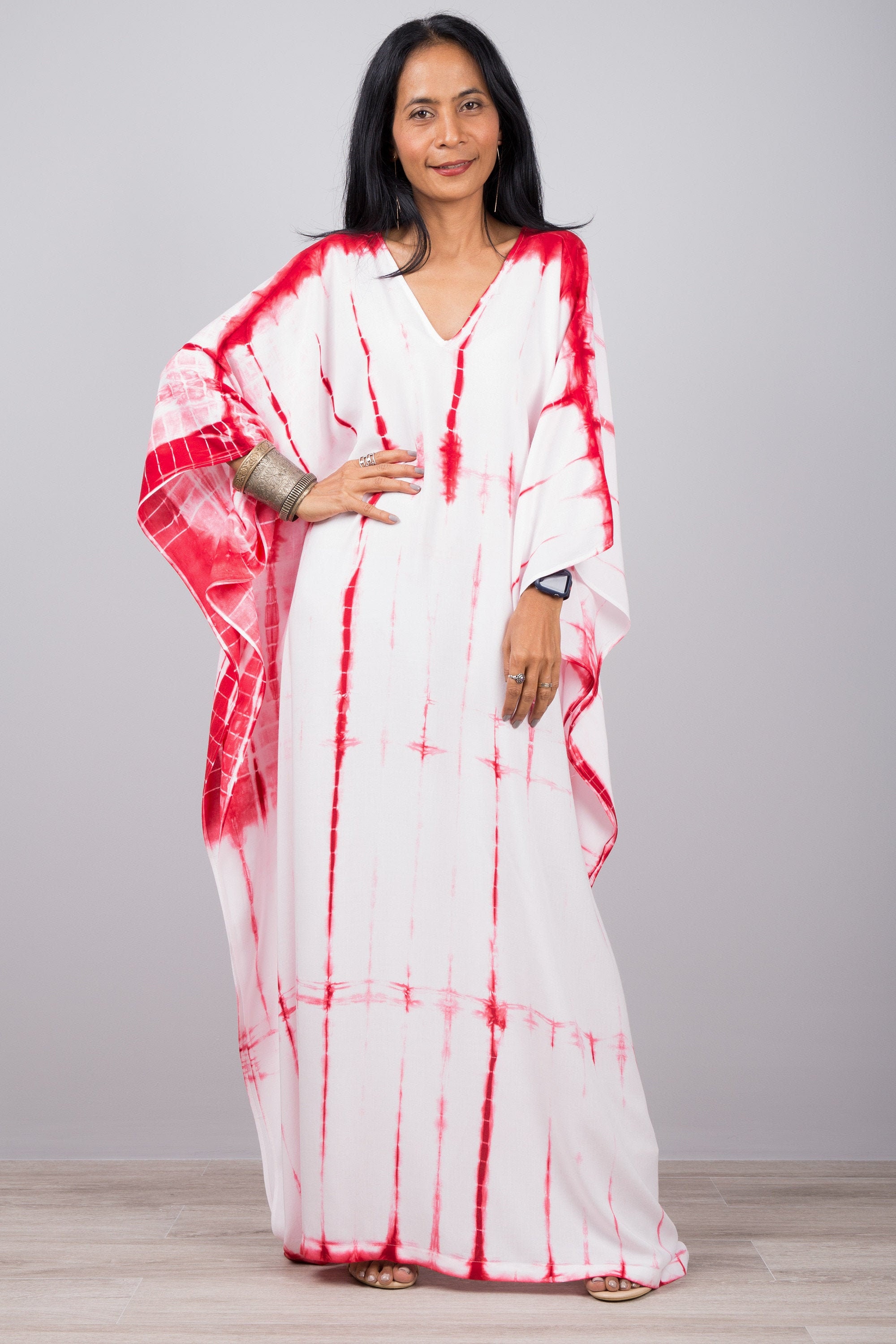 Red Tie Dye Kaftan, Caftan Dress, Red and White Maxi Dress With Pockets ...