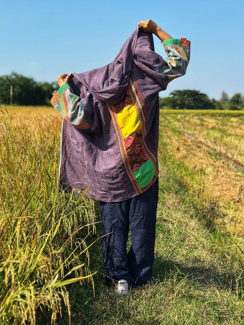 Hooded Coat, Hemp Jacket With Zip Closure, Vintage Hill Tribe Fabric ...