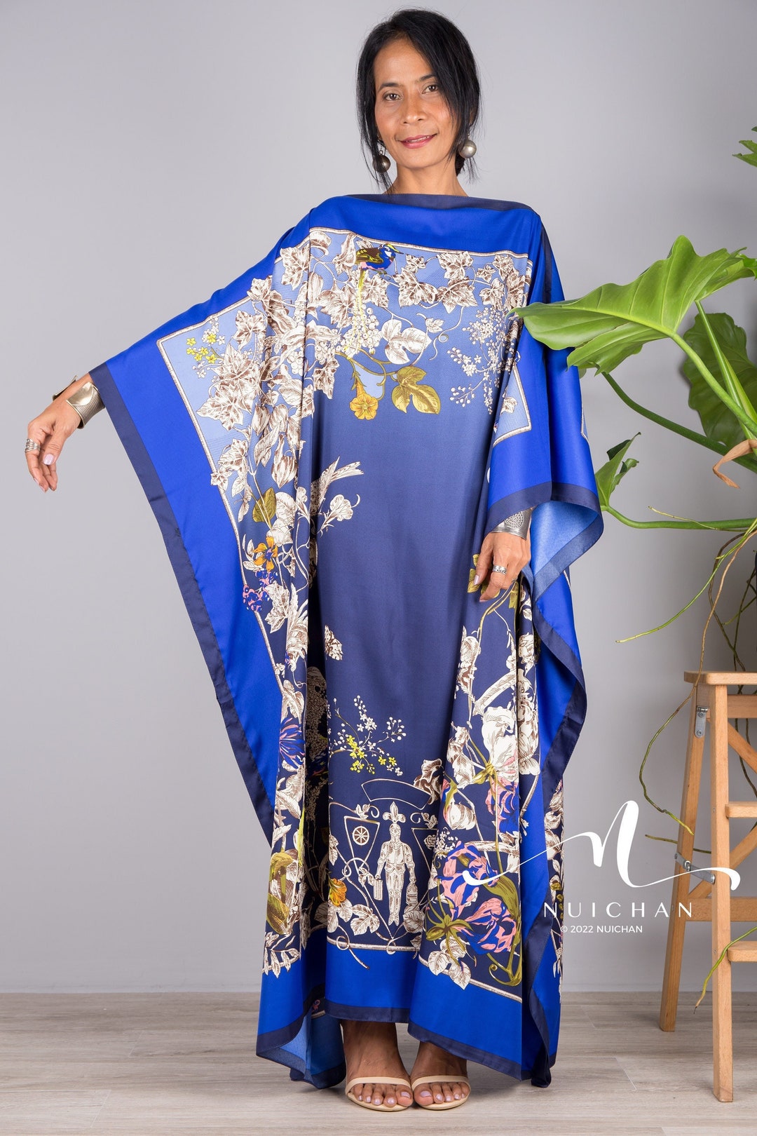 Blue Silk Satin Kaftan for Women, Plus Size Caftan, Boho Kaftan Maxi ...