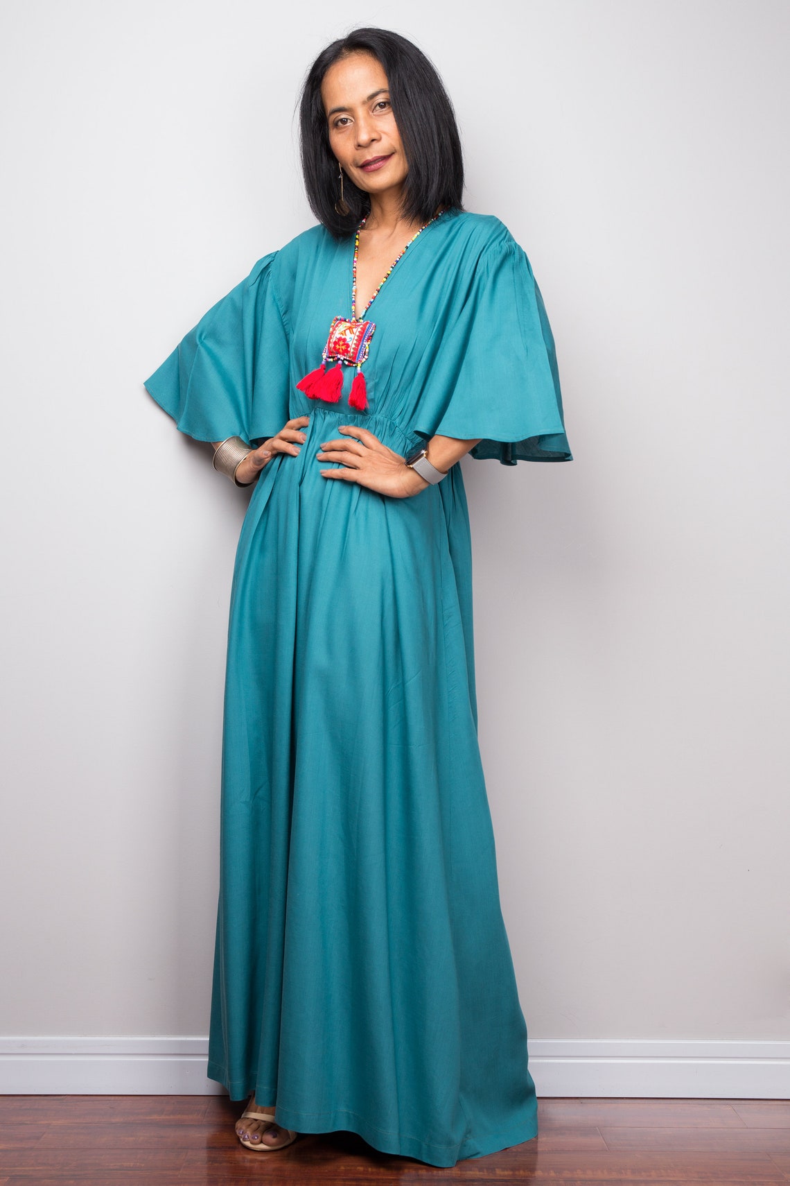 Turquoise Maxi Dress With Pockets, Long Teal Blouse Top Dress, Cross ...