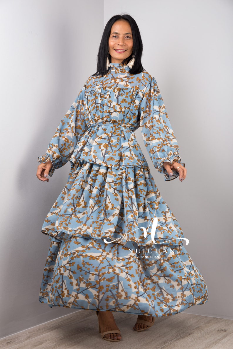 Floral Chiffon Tiered Maxi Dress With Long Sleeves A Modest - Etsy