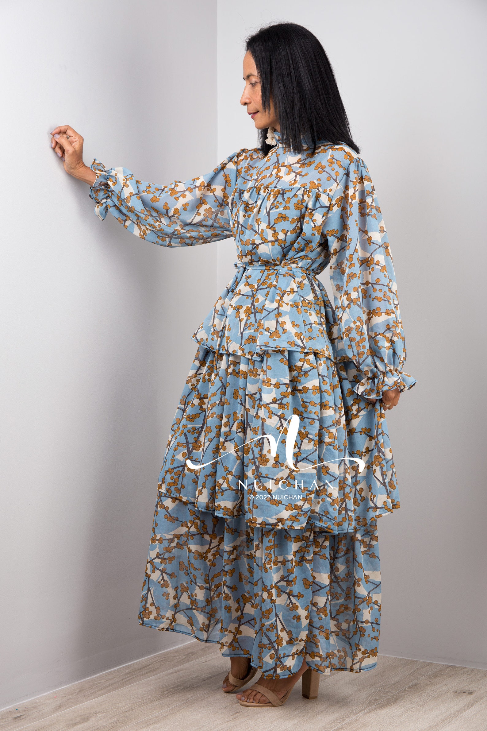 Floral Chiffon Tiered Maxi Dress With Long Sleeves A Modest - Etsy