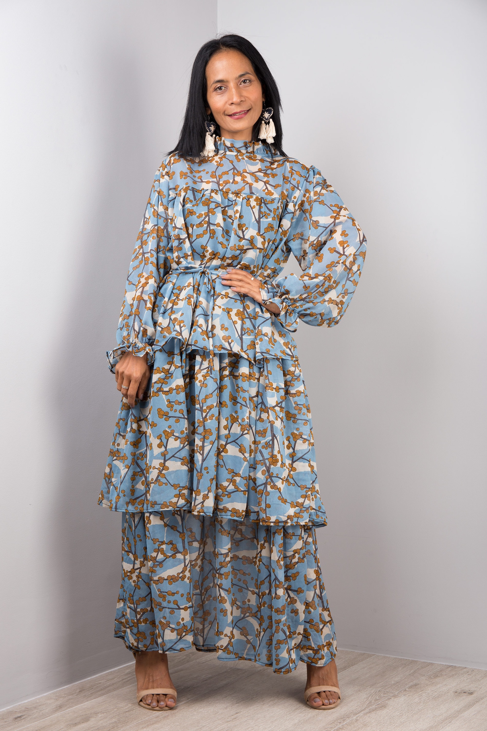 Floral Chiffon Tiered Maxi Dress With Long Sleeves A Modest - Etsy