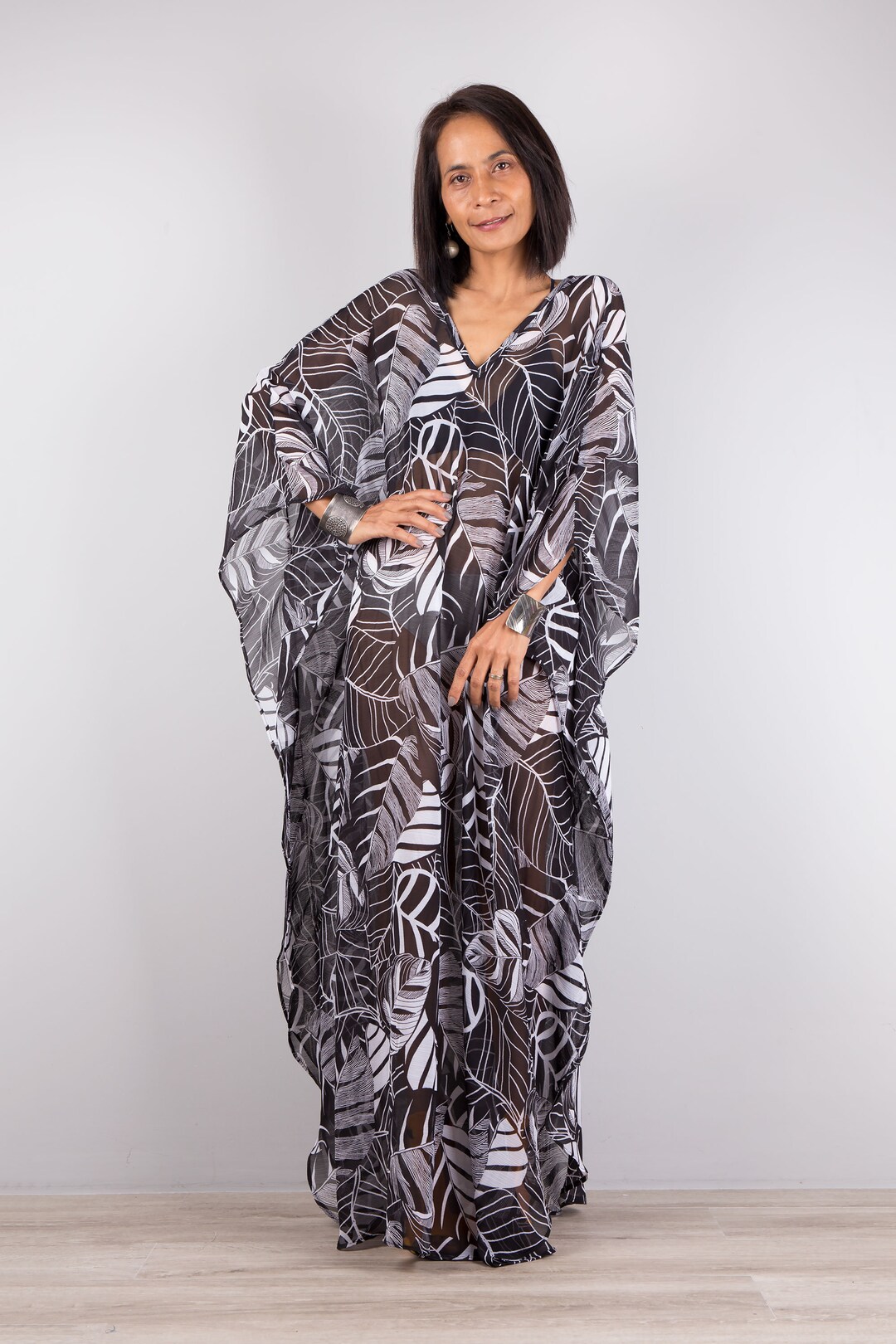 Black Chiffon Kaftan Dress, Sheer Black and White Kaftan Dress, Beach ...
