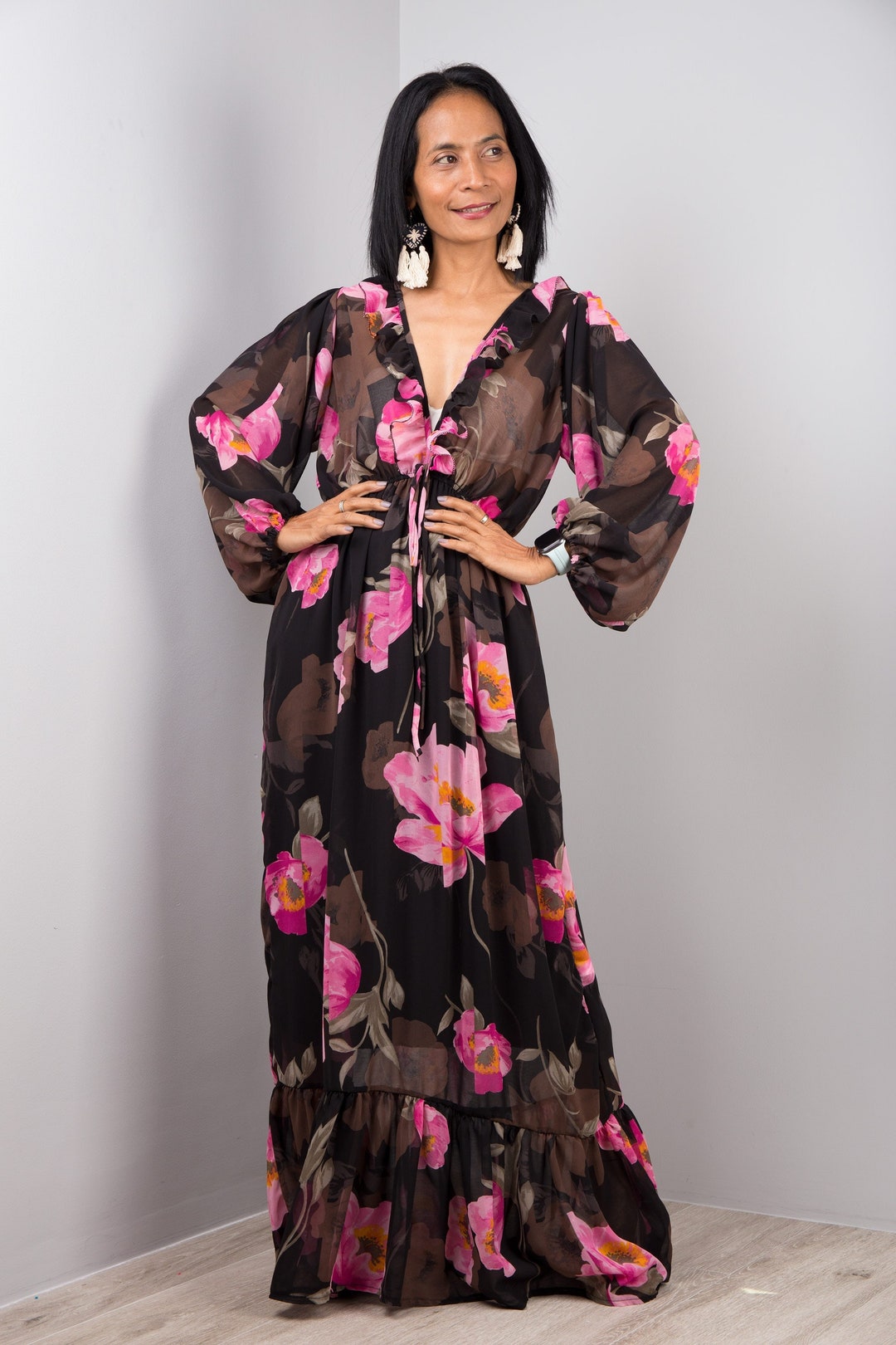 Chiffon Maxi Dress With Long Sleeves. See Through Dress for Women ...