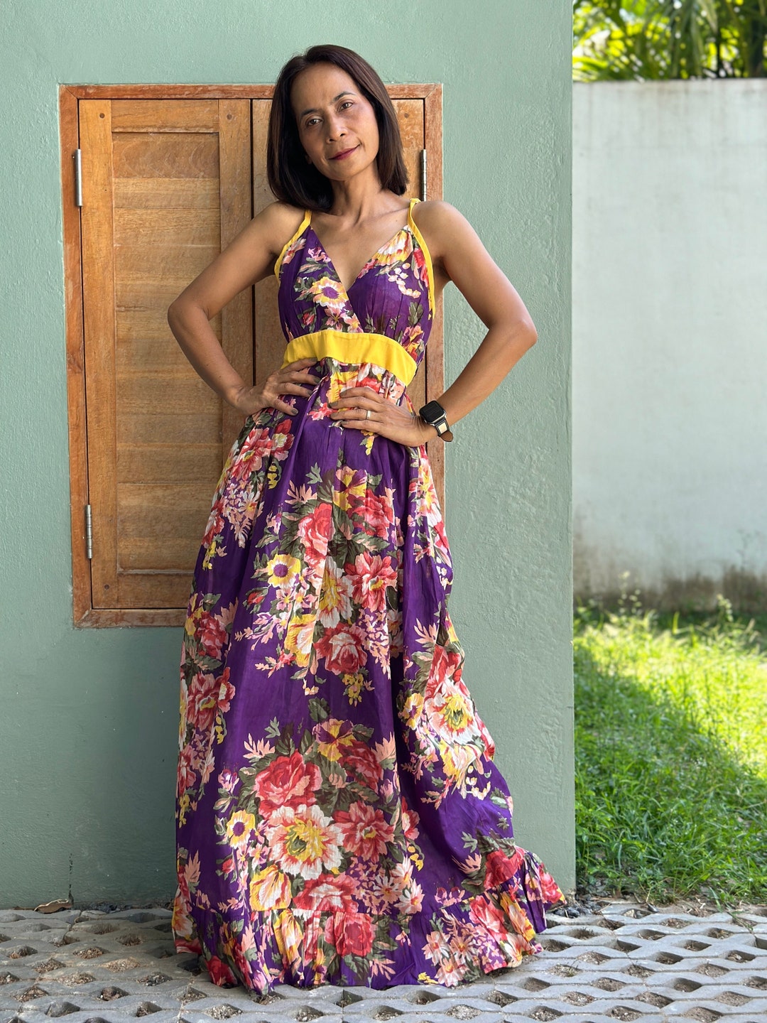 Floral Cotton Maxi Dress, Purple Flower Dress, Flower Print Dress, V ...