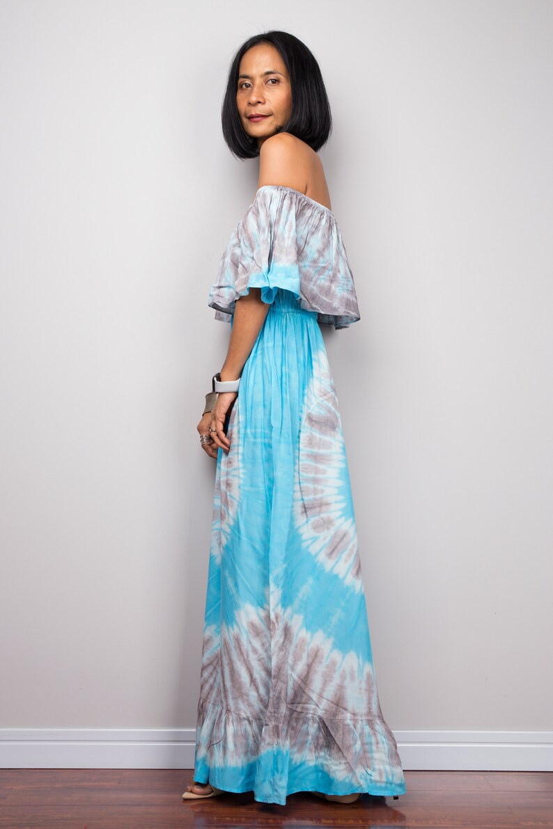 Blue Tie Dye Dress Boho Ruffle Dress off Shoulder Dress - Etsy