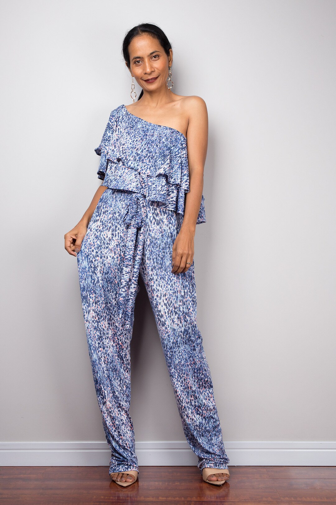 Women's off Shoulder Ruffle Jumpsuit | Blue Jumper | One Shoulder ...