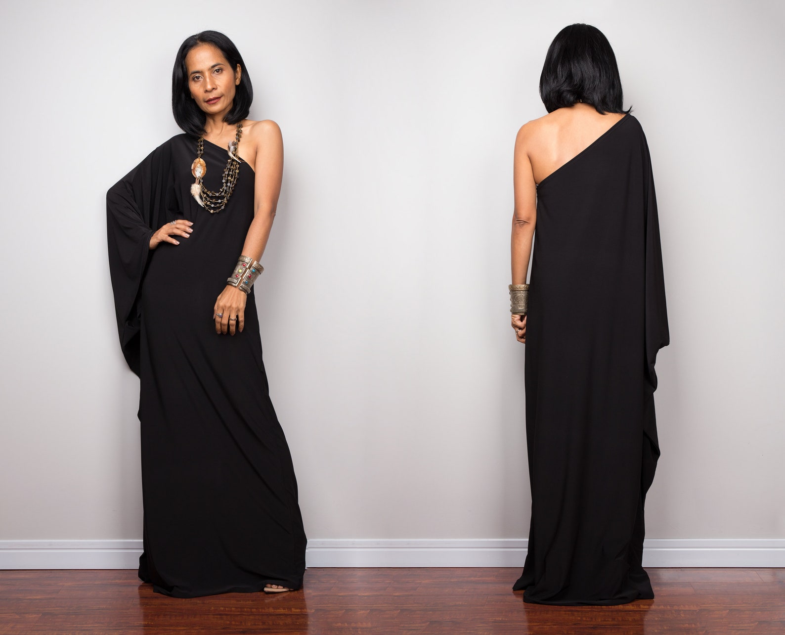 Black One Shoulder Dress Long Black Kaftan Dress off | Etsy