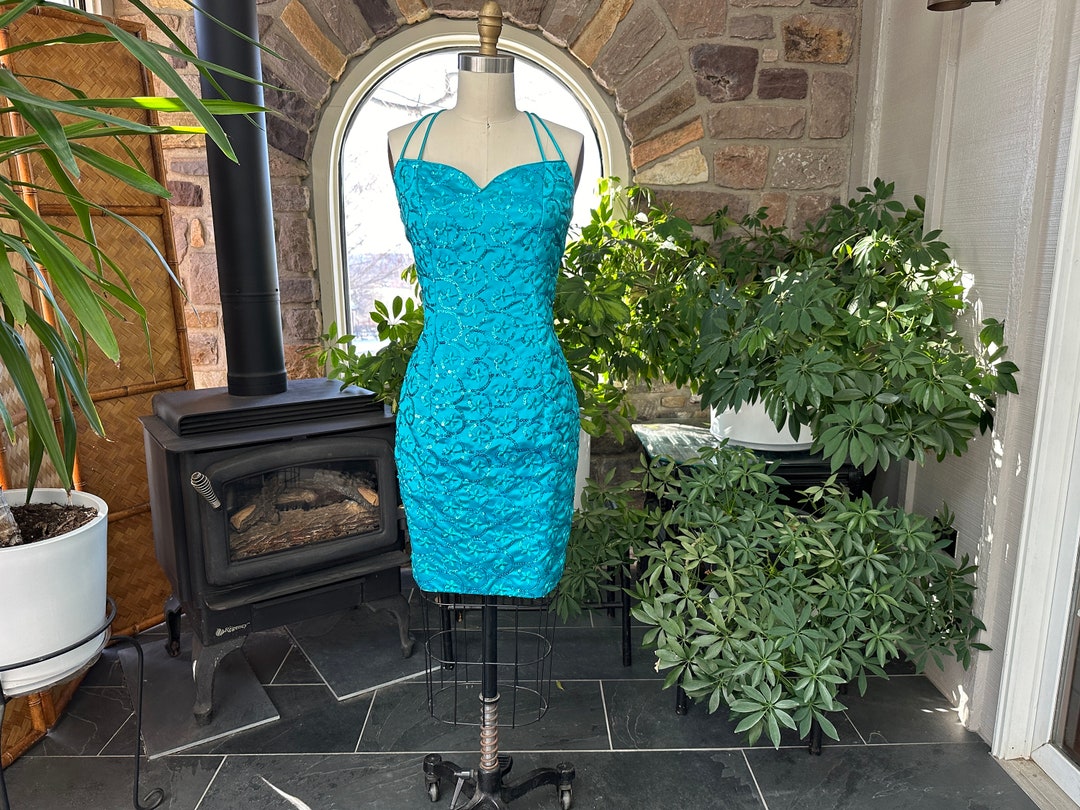 Vintage 1990s Gunne Sax Turquoise Blue Satin Embroidered Sequin ...