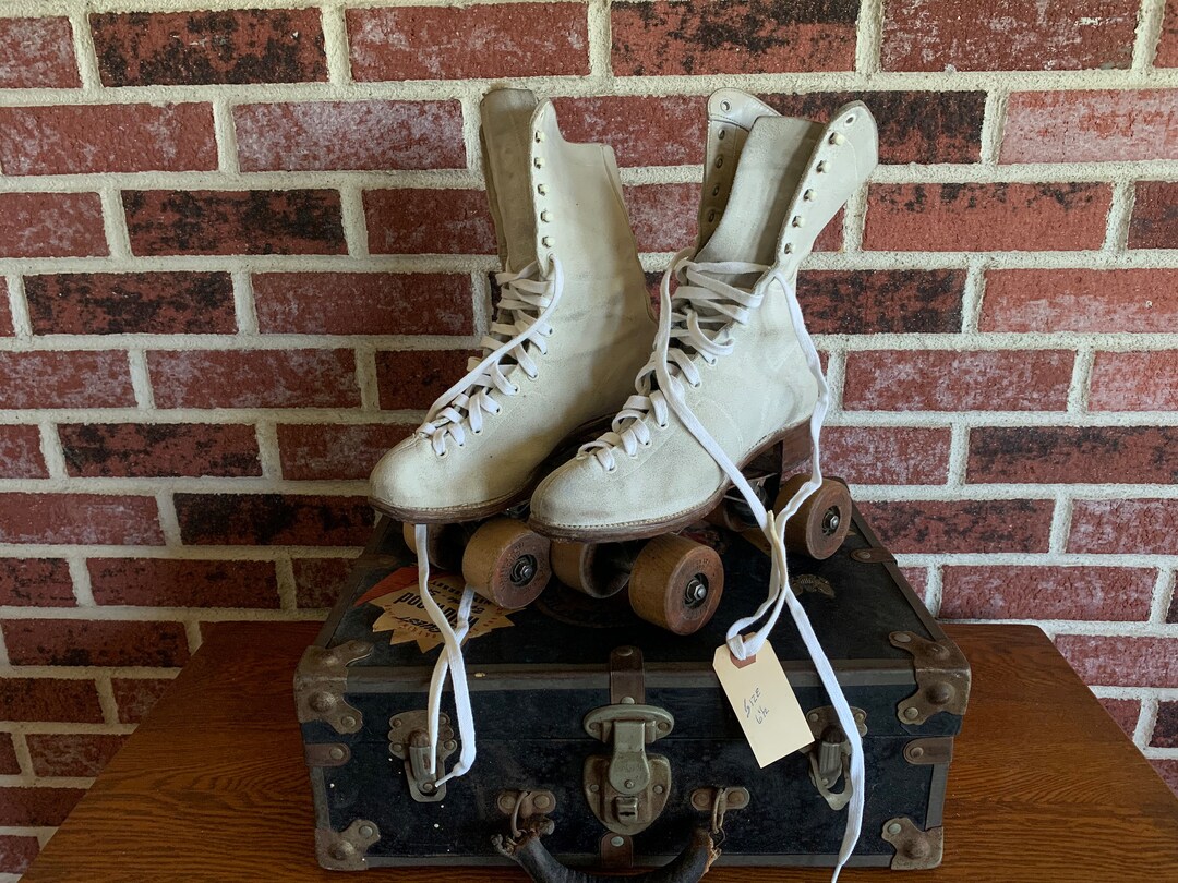 Vintage 1940s Womens Suede Roller Skates With Sticker Covered Skate ...