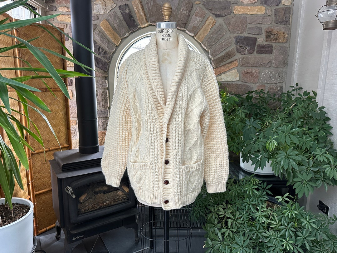 Vintage Gender Neutral Ivory Fisherman Wool Collared Cardigan Sweater ...