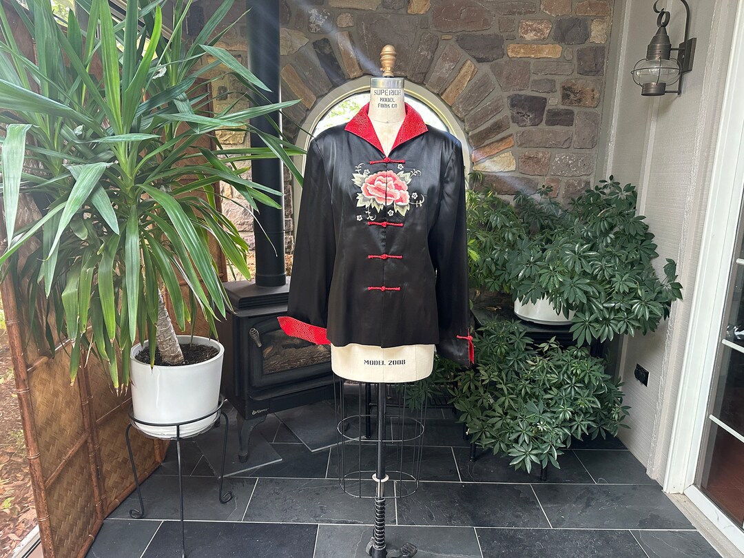 Vintage Silky Black Embroidered Flower Asian Jacket Black Frog Closure ...