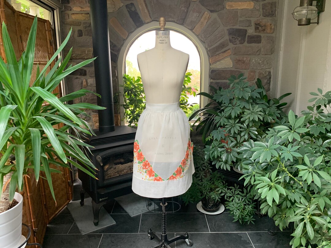 Vintage 1960s Sheer White Organdy Orange Floral Handkerchief Apron ...