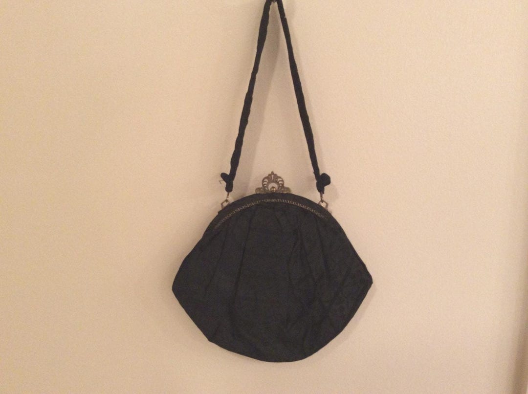 Vintage 1940s Black on Black Print Rayon Cloth Evening Purse Gold ...