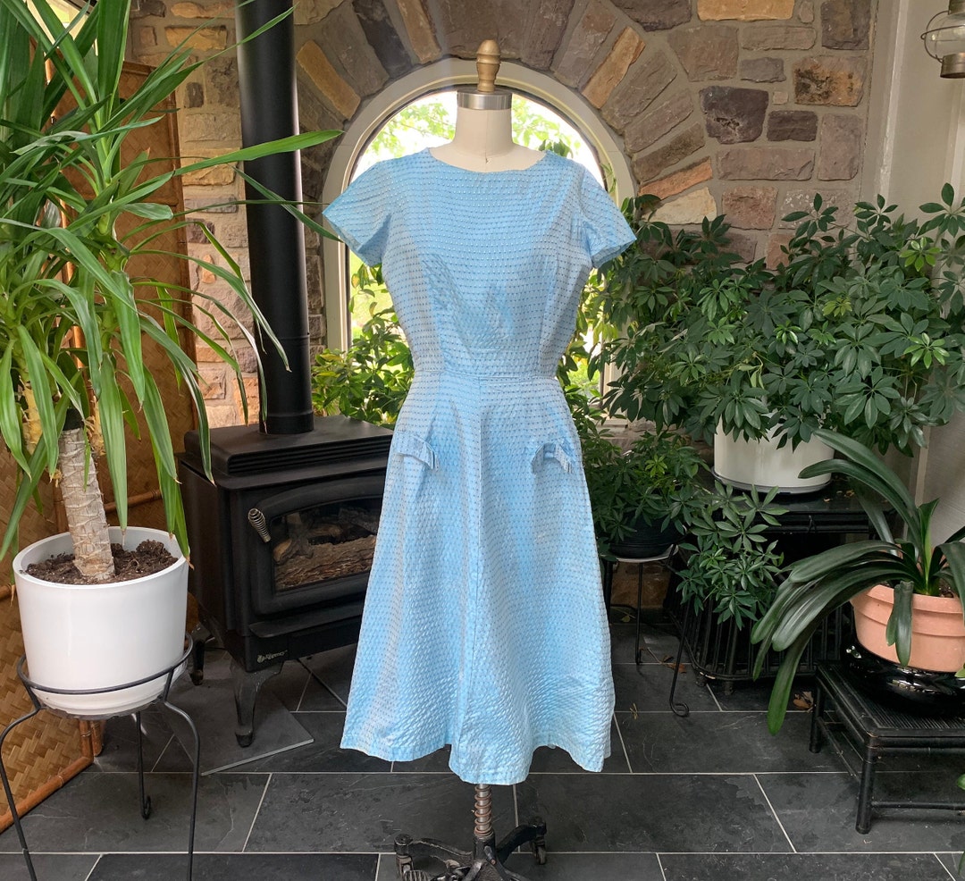 Vintage 1950s Blue and Silver Simmering Diamond Design Dress With Front ...