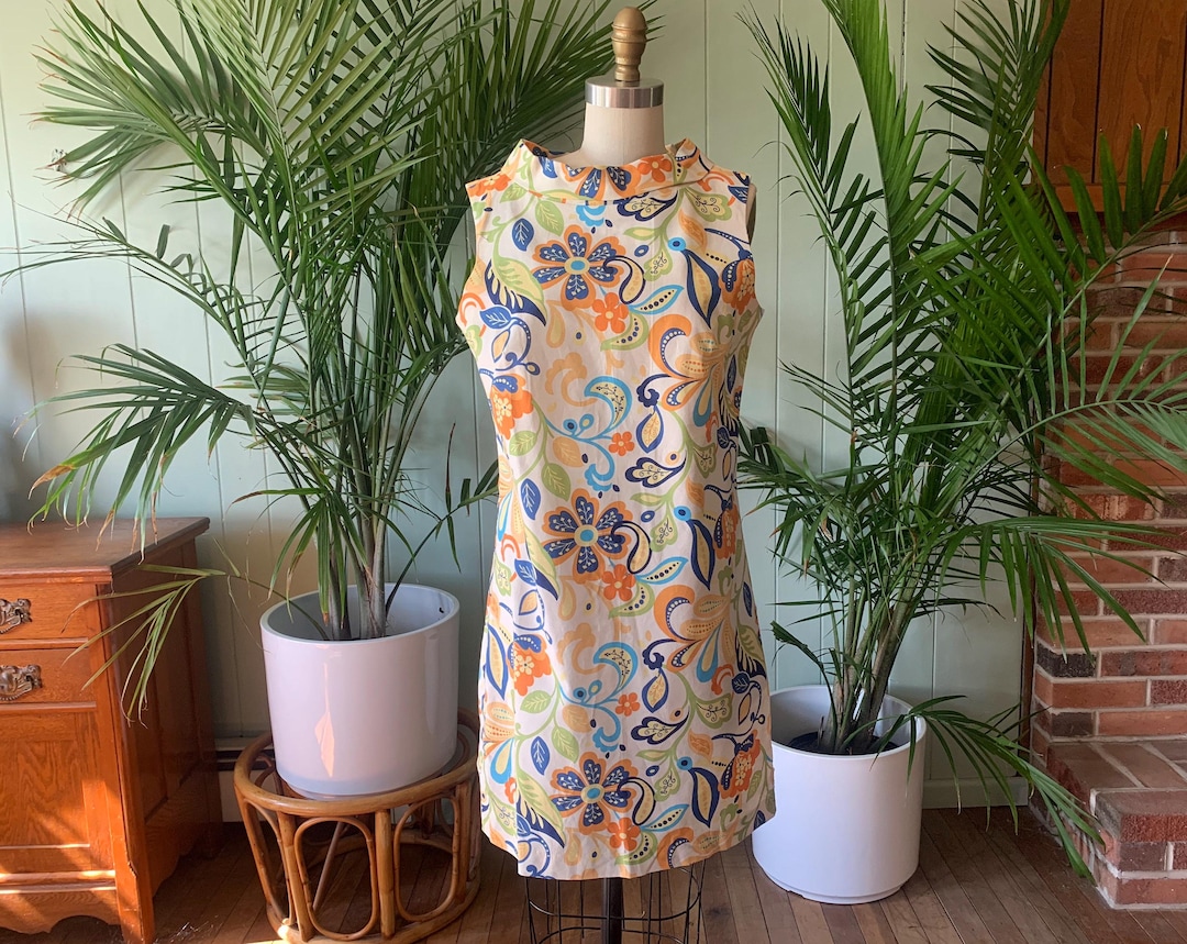 Vintage 1960s Ivory With Blue and Orange Floral Cotton Summer ...
