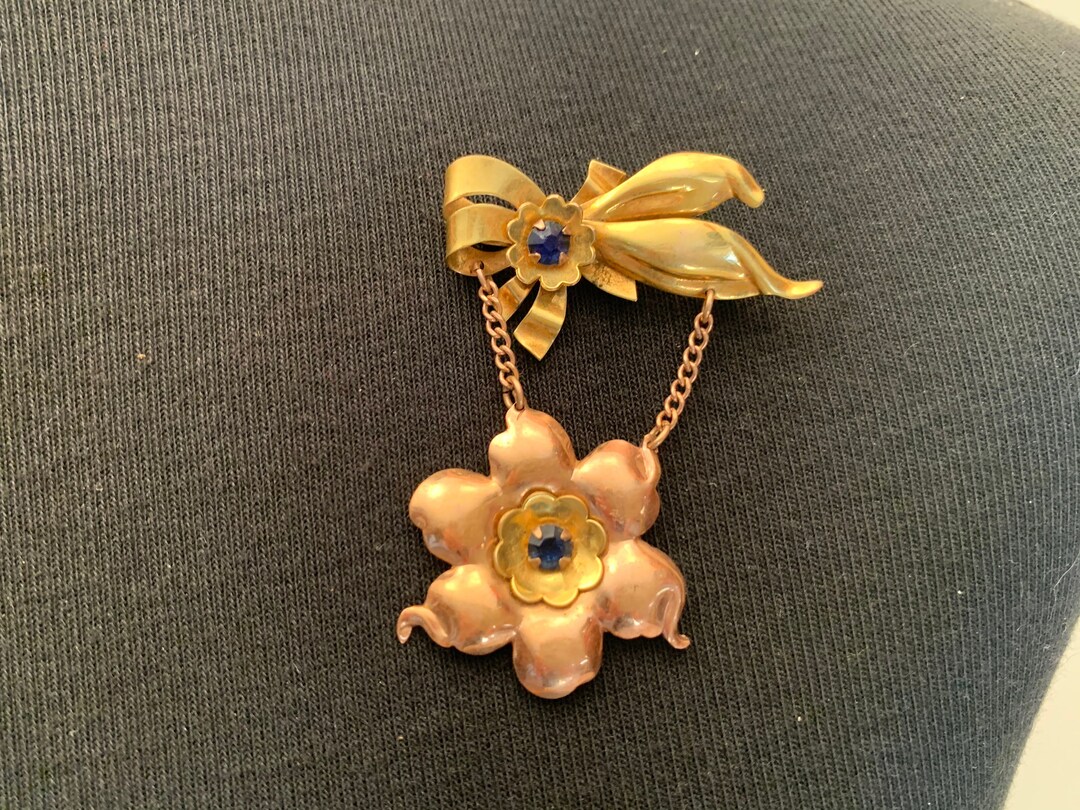 Vintage 1950s Courtly Signed 12K Gold Filled Blue Stones Bow and Flower ...