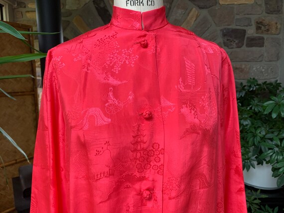 Vintage Asian Red Embossed Silk Button Front Dressing… - Gem
