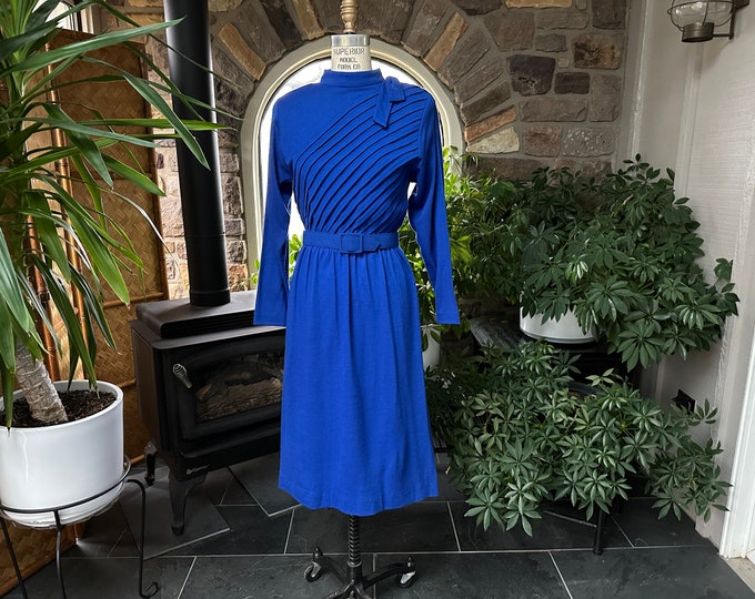 Vintage 1970s Royal Blue Diagonal Pleat Bodice Wool Dress Matti of ...