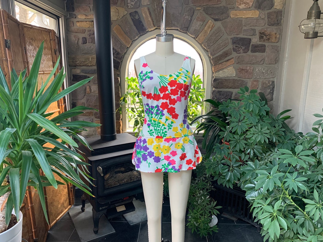 Vintage 1960s 1970s White Colorful Floral One Piece Bathing Suit ...