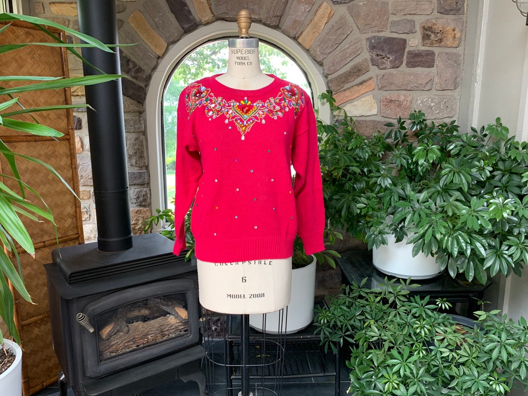 Vintage 1980s Deep Pink Bedazzled Sweater With Colorful Gem Toned ...
