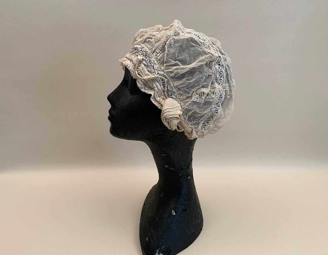 Antique Victorian Net Lace Night Cap With Silk Chiffon Flowers, Antique ...