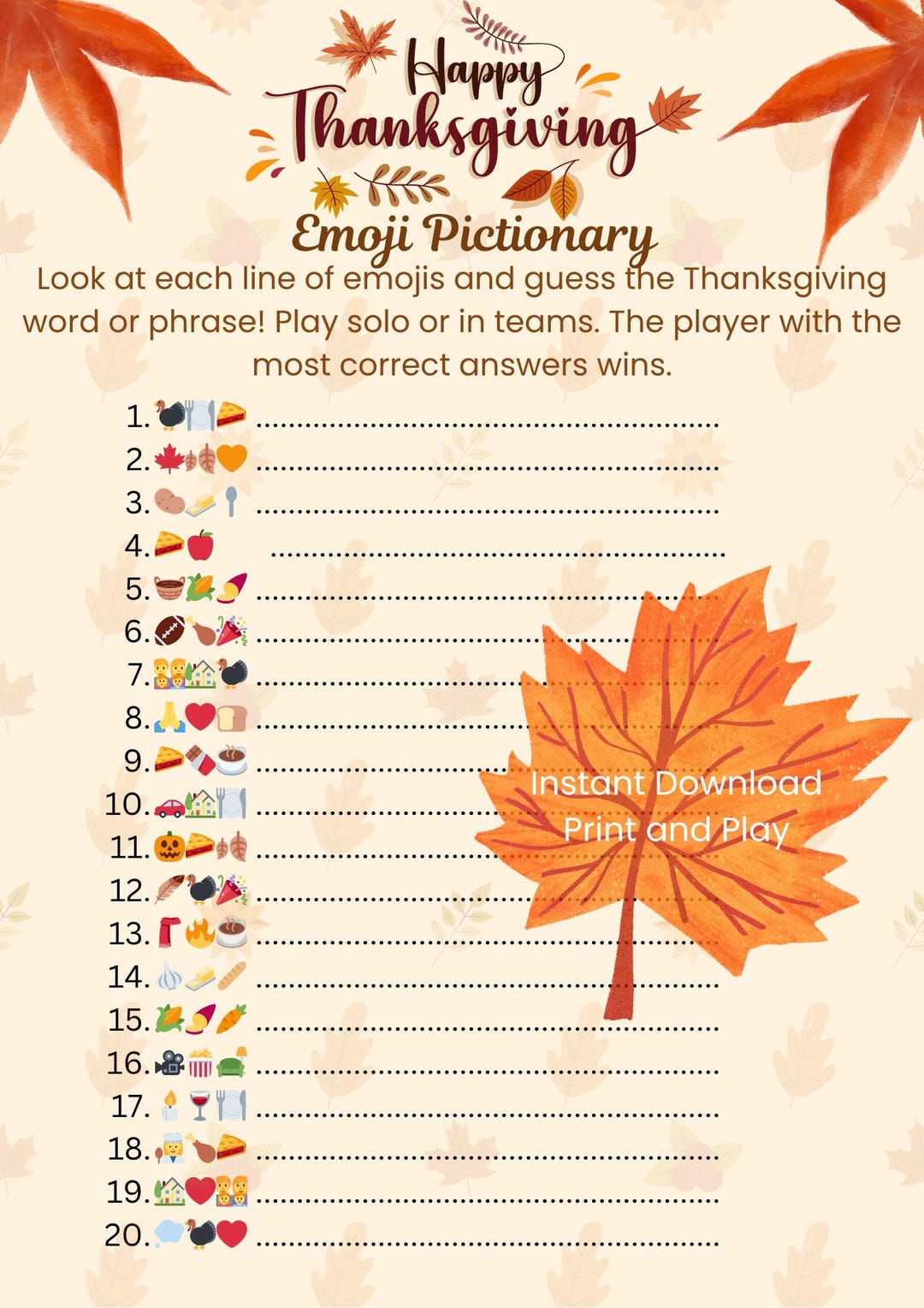 Thanksgiving Emoji Game Printable | Fun Family Party Game | Fall ...