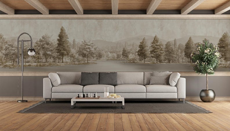 Neutral Forest Landscape Wallpaper – Calm Beige Nature Wall Mural - Etsy