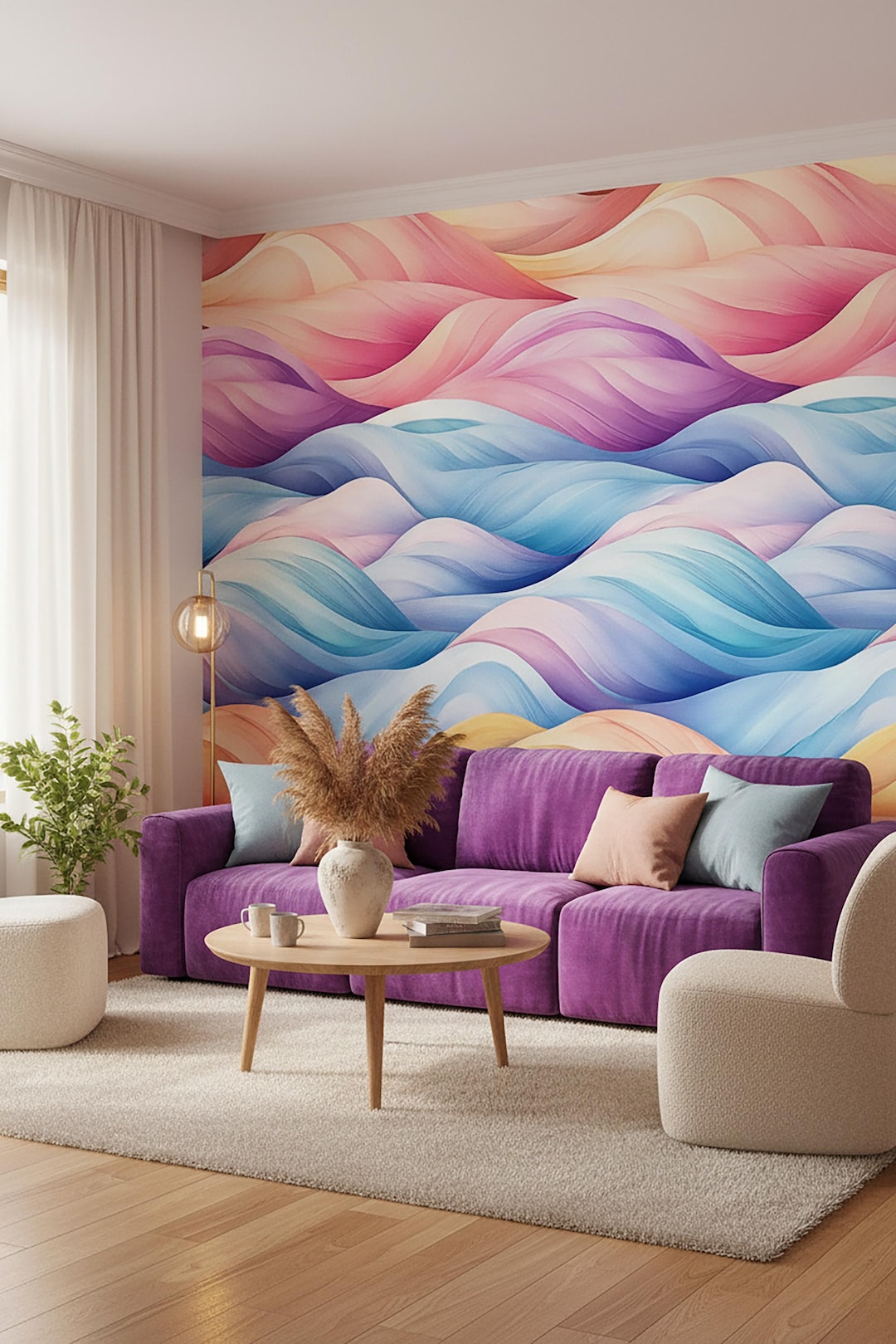 Abstract Pastel Waves Wallpaper ,modern Gradient Fluid Art Wall Mural ...