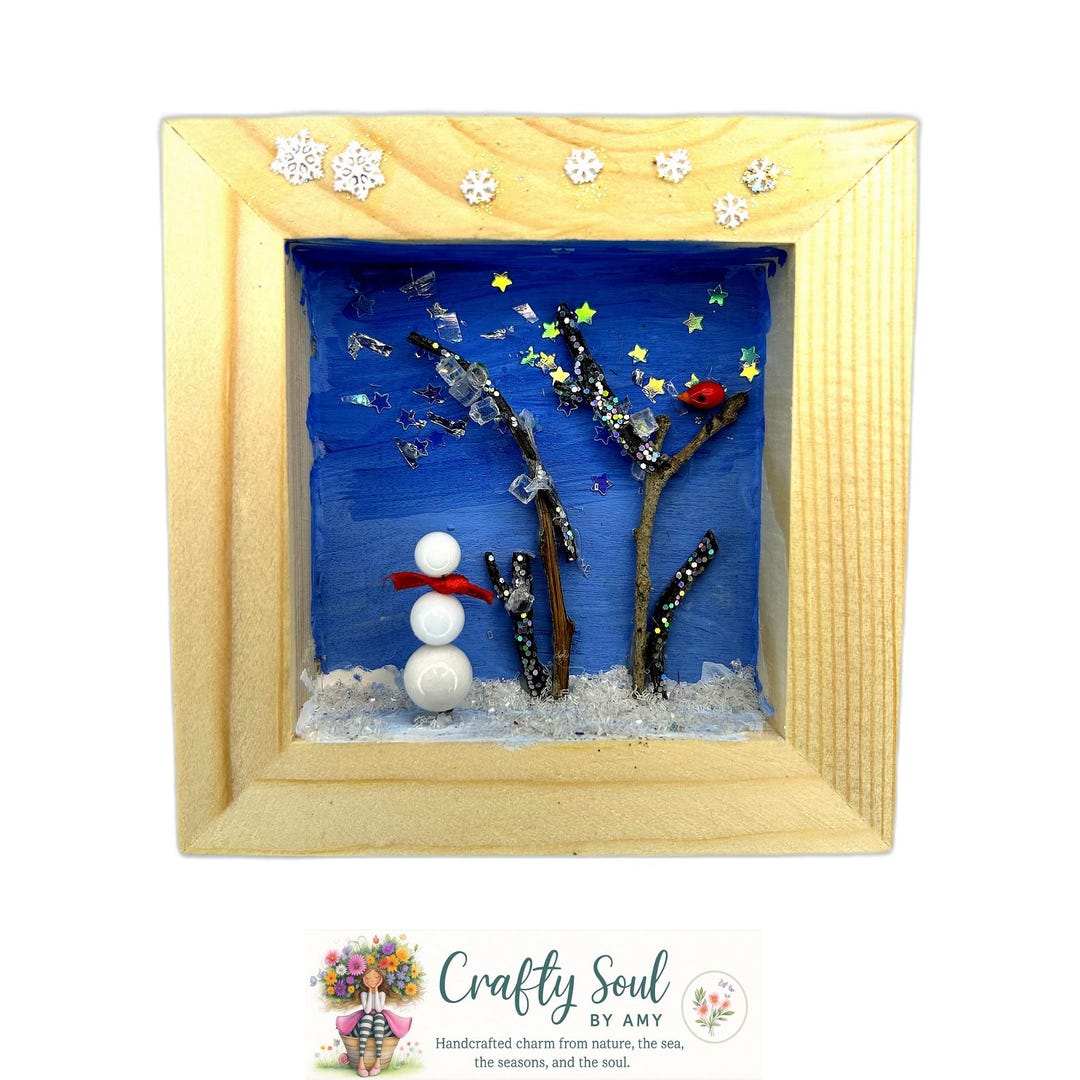 Whimsical Snowman & Cardinal Shadow Box Art | Miniature Winter ...