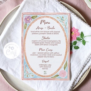 Wedding Menu Editable Floral Frame Hand Painted Illustrated Food Menu 5 ...