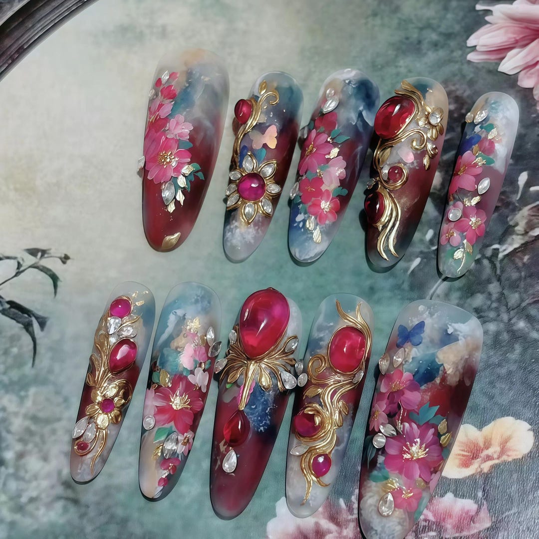 Luxury Ruby Peony Nail Art Set – Handcrafted Baroque Style 3D Nails ...
