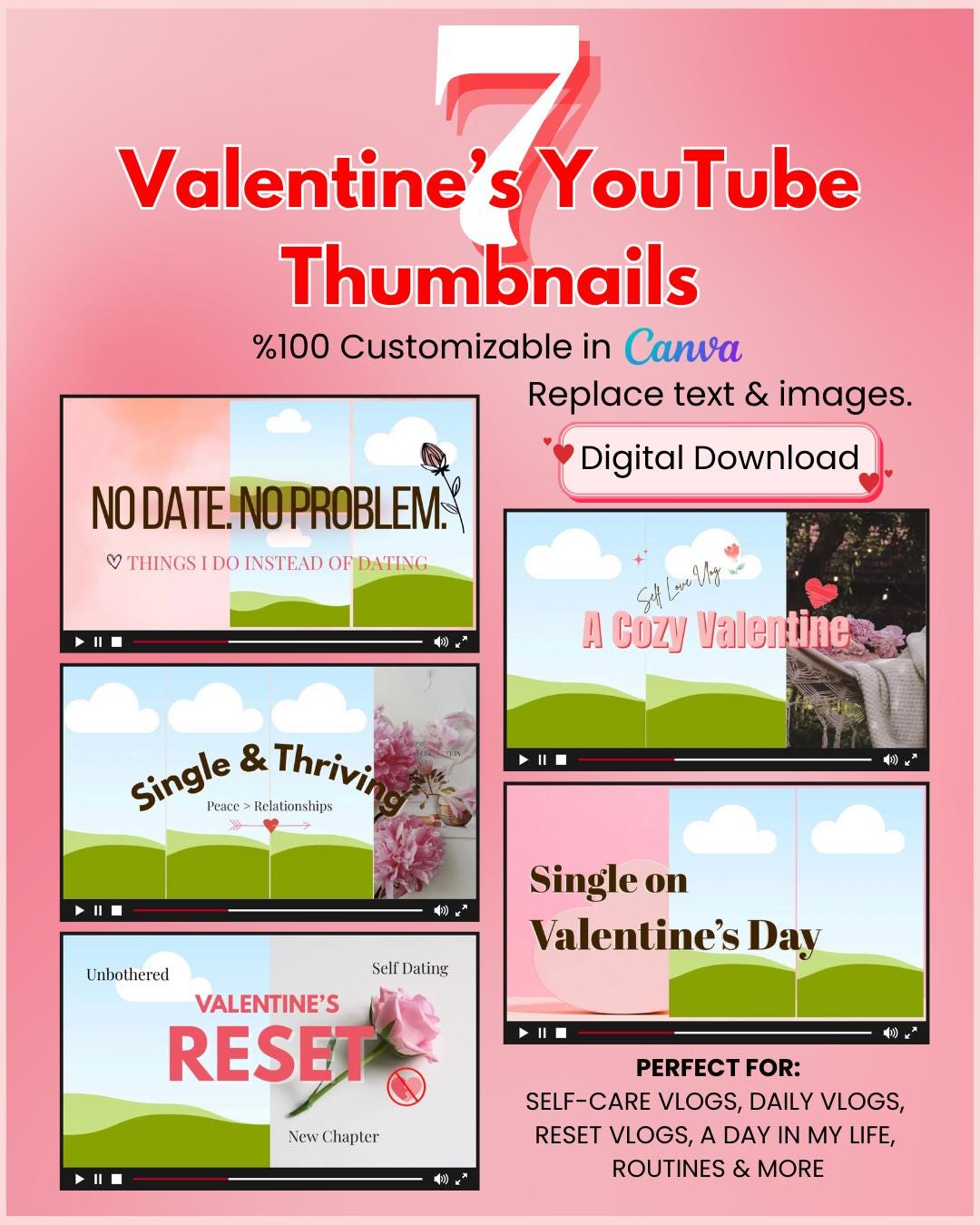 7 Valentine's Youtube Thumbnail Templates for Singles, Canva Editable ...
