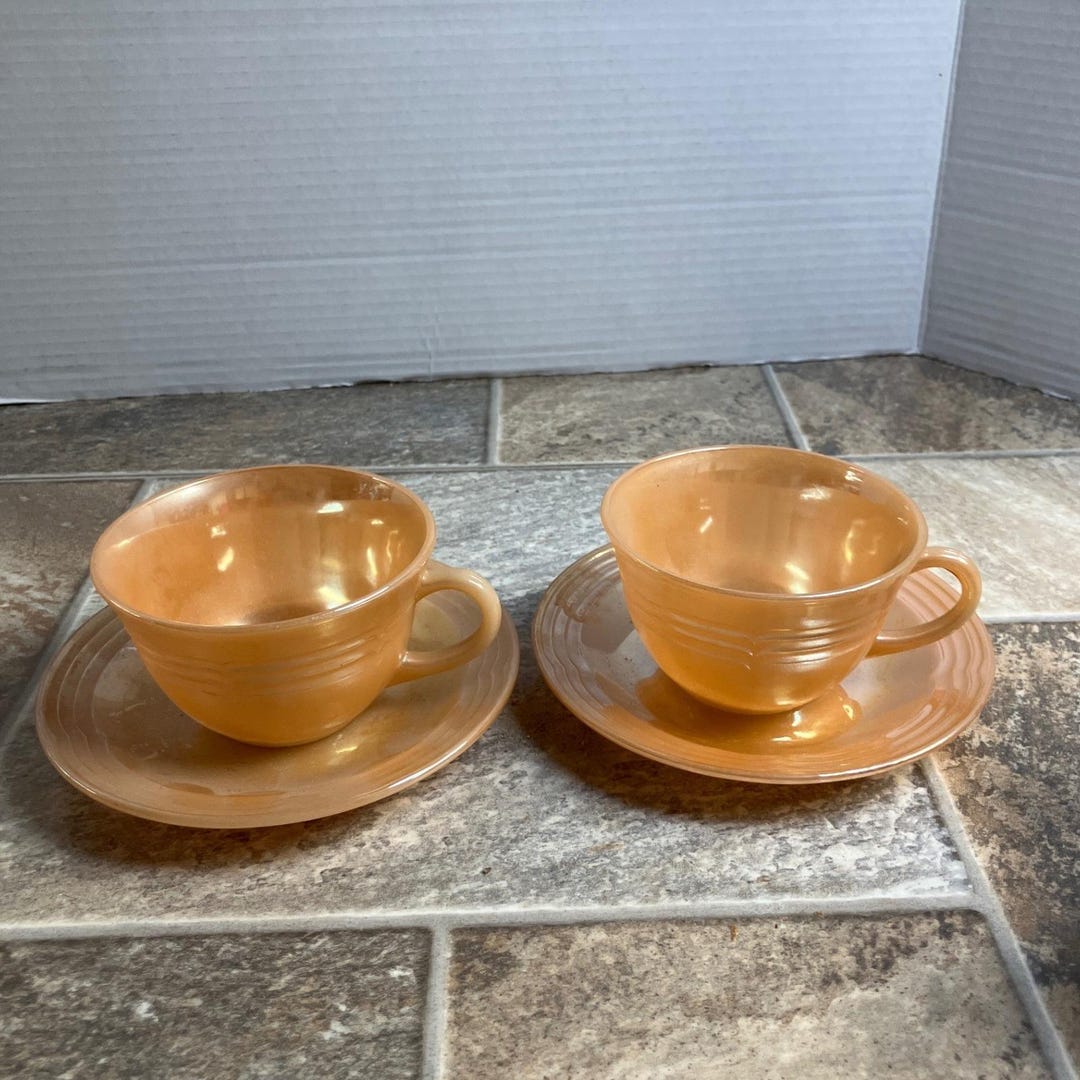Fire King Peach Lusterware Tea Cup Saucer Set Iridescent Vintage Pair ...