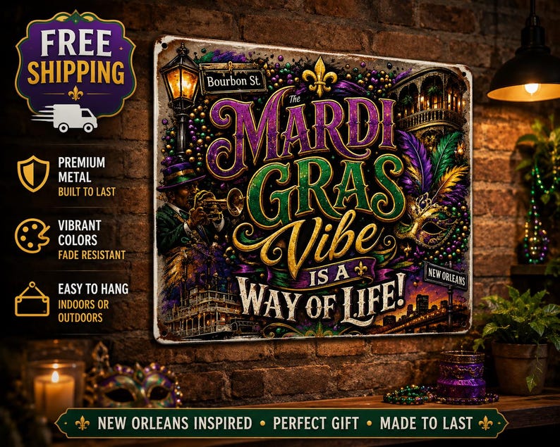 Mardi Gras Metal Art Sign | Bourbon Street NOLA Decor | Festive Beads ...