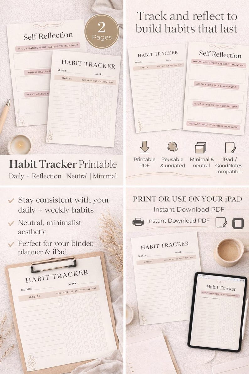 Minimalist Habit Tracker Printable | Daily & Weekly Reflection (PDF ...